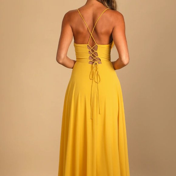 Lulus | Dresses | Romantically Speaking Mustard Yellow Cowl Laceup Maxi ...